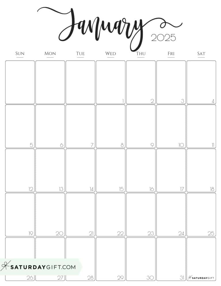 January 2025 Calendar - 20 Cute & FREE Printables | SaturdayGift