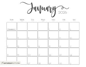 Elegant Printable Calendar 2026 by SaturdayGift - Readers' Favorite!
