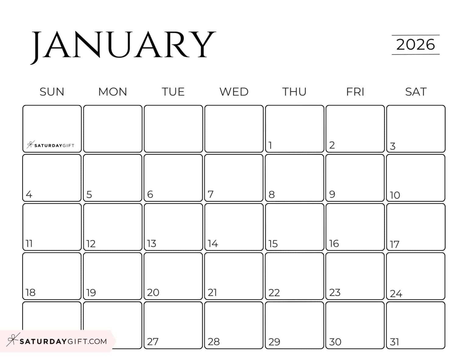 Minimalist Calendar 2026 - Free Printable Landscape Calendars
