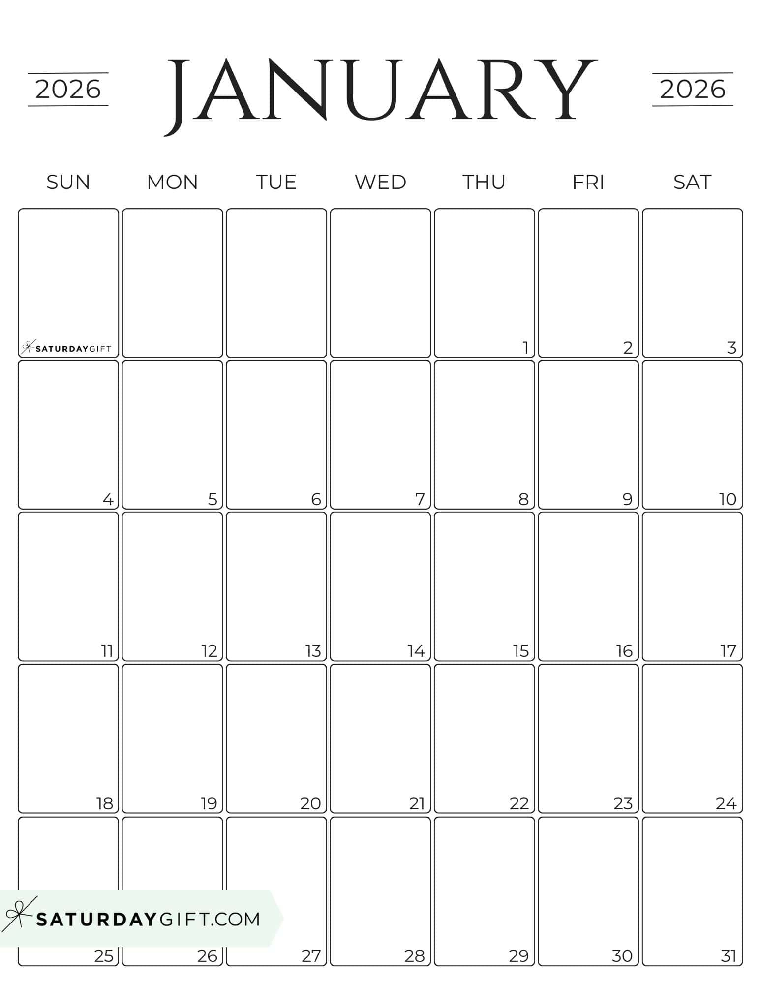 Minimalist Calendar 2026 - Free Printable Landscape Calendars