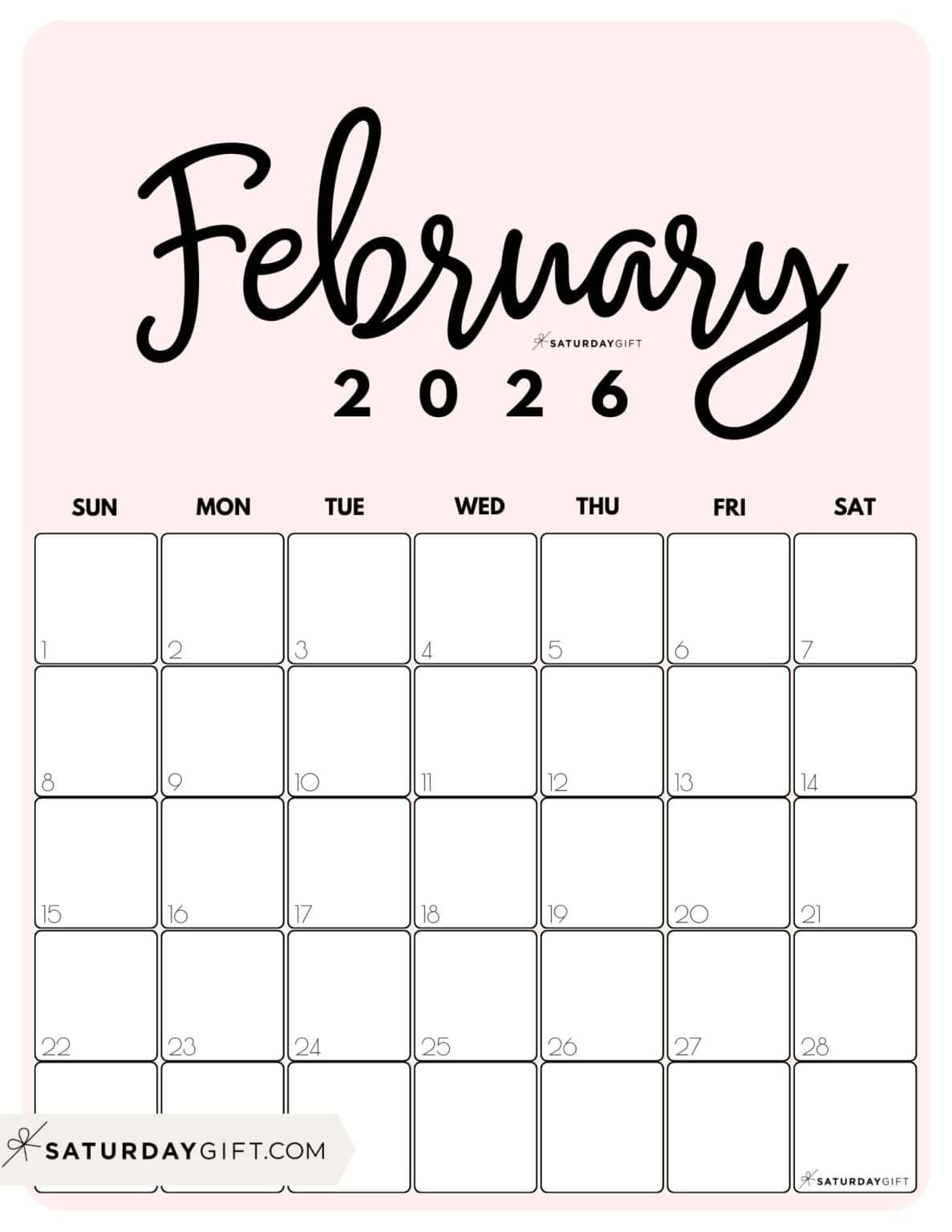 February 2026 Calendars - 23 Cute Free Printable PDFs by SaturdayGift