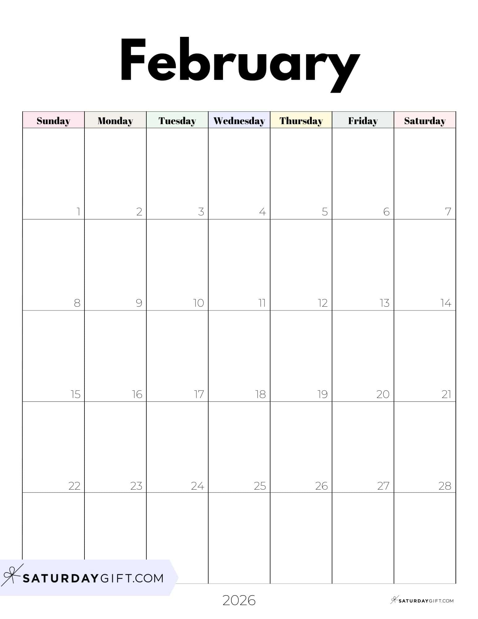Pastel Monthly Calendar 2026 - Cute Free Printables