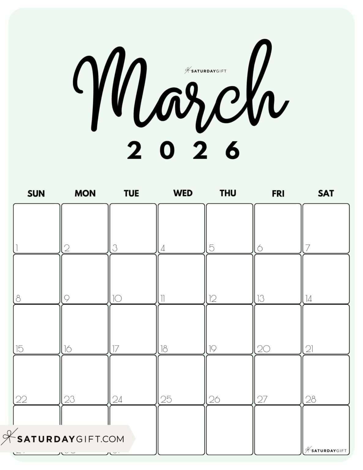 March 2026 Calendars - 23 Cute Free Printable PDFs by SaturdayGift