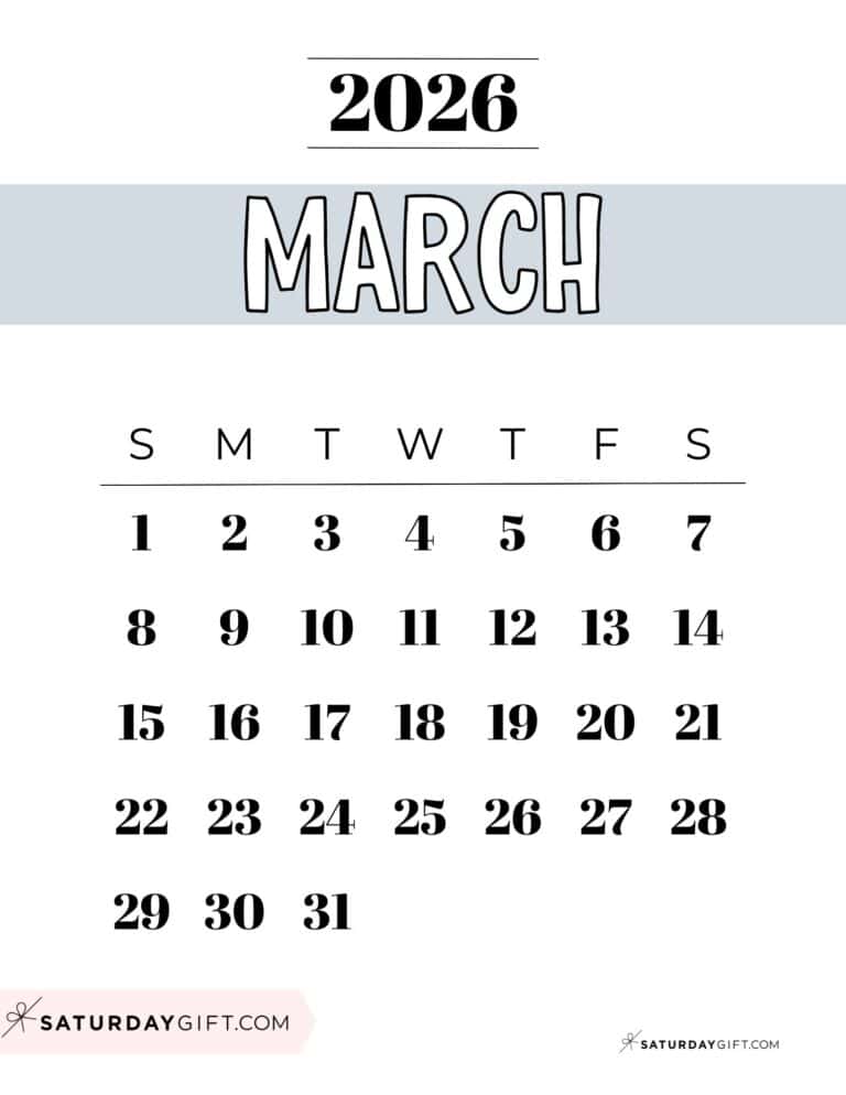 March 2026 Calendars - 23 Cute Free Printable PDFs by SaturdayGift