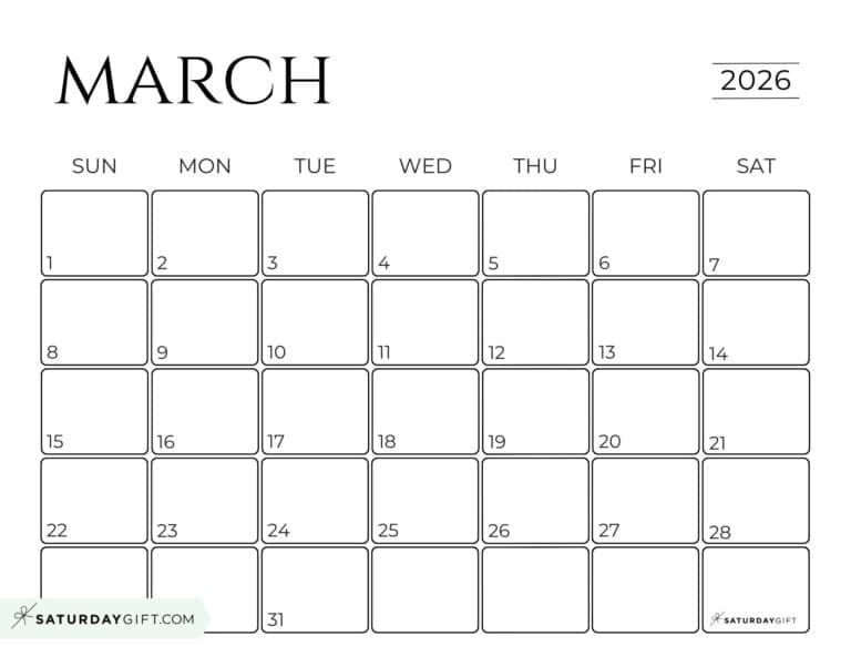 March 2026 Calendars - 23 Cute Free Printable PDFs by SaturdayGift