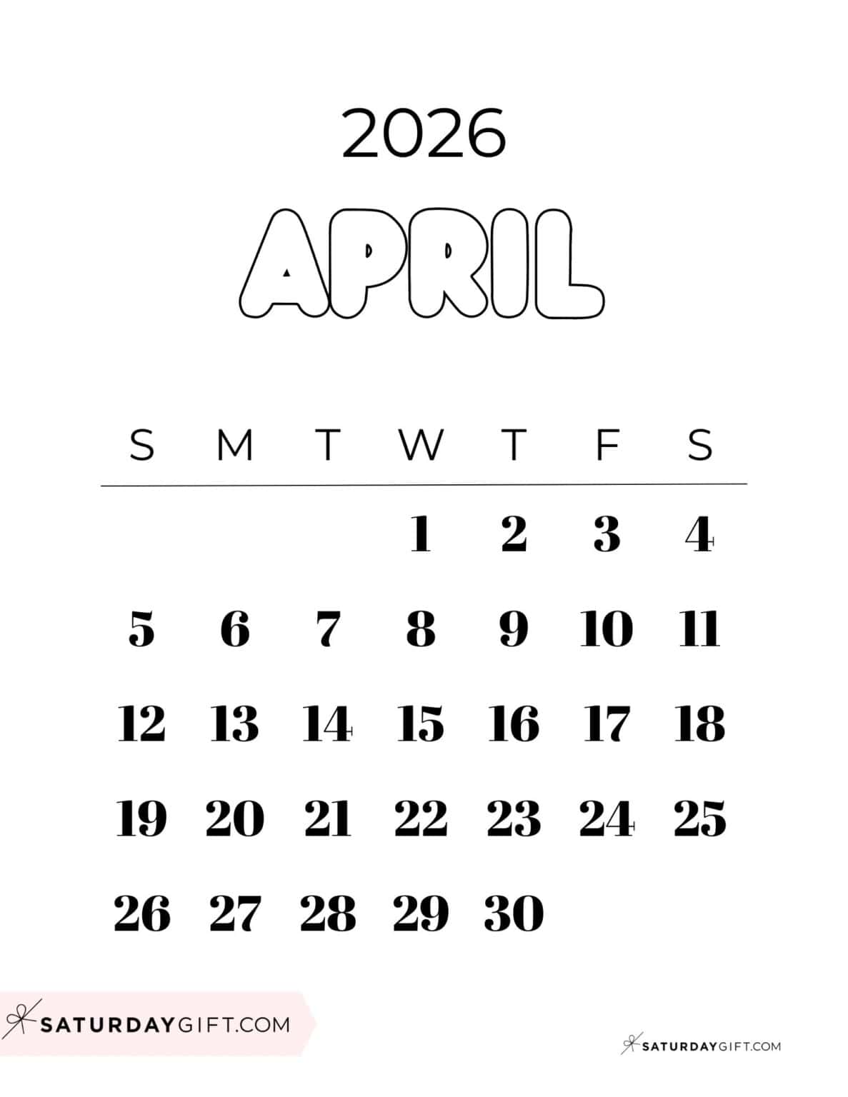 April 2026 Calendars - 23 Cute Free Printable PDFs by SaturdayGift