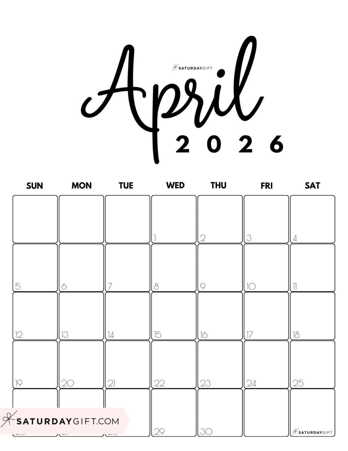 April 2026 Calendars - 23 Cute Free Printable PDFs by SaturdayGift