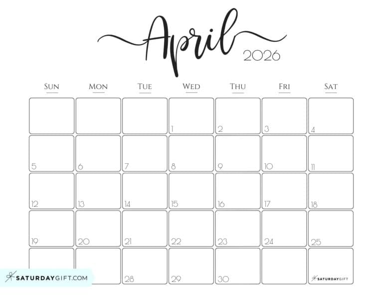 April 2026 Calendars - 23 Cute Free Printable PDFs by SaturdayGift