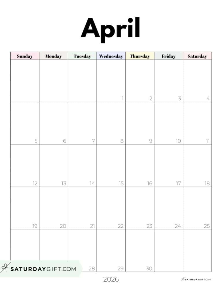 Pastel Monthly Calendar 2026 - Cute Free Printables
