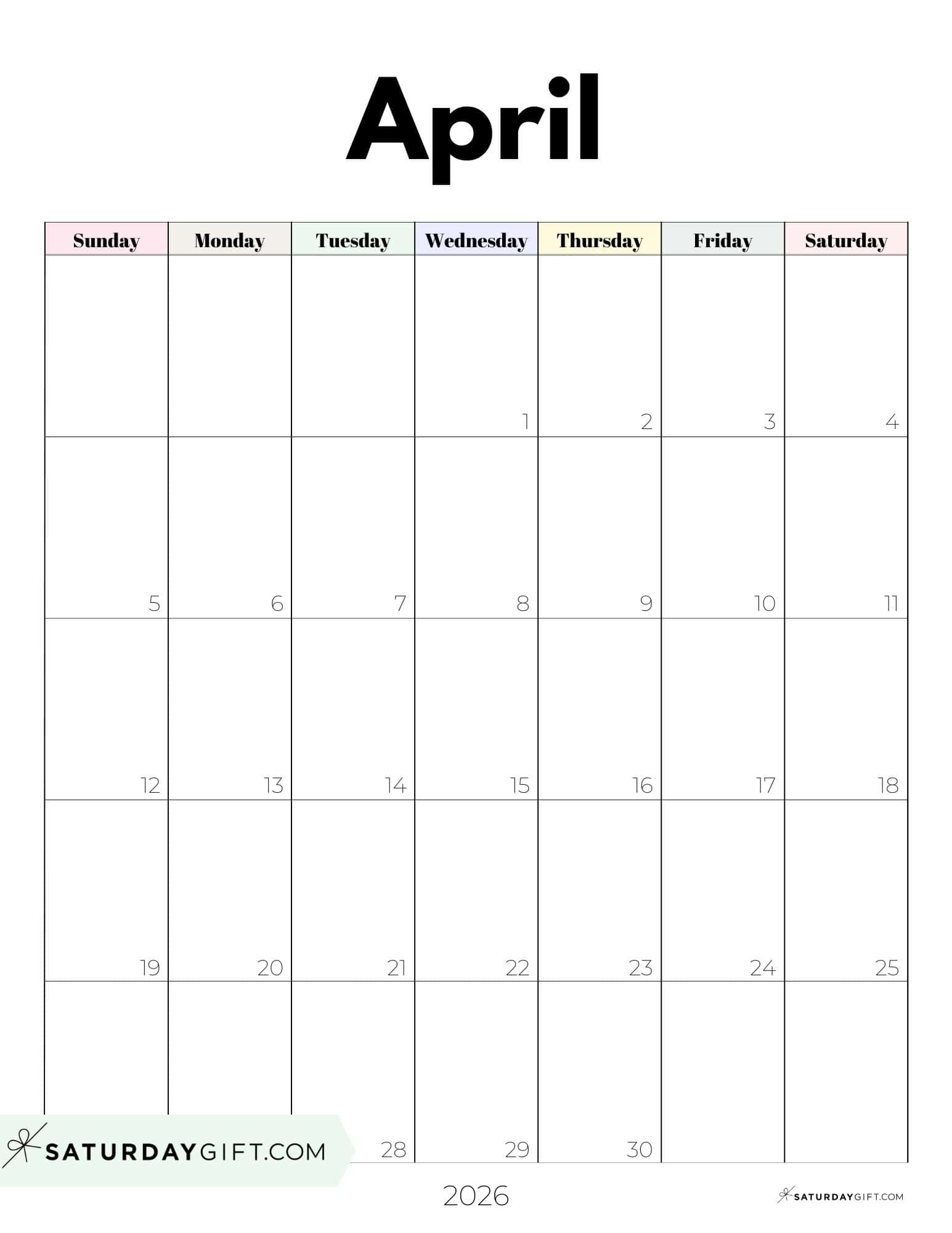 Pastel Monthly Calendar 2026 - Cute Free Printables