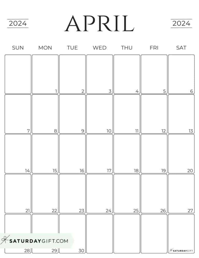 April 2024 Calendar - 20 Cute & FREE Printables | SaturdayGift