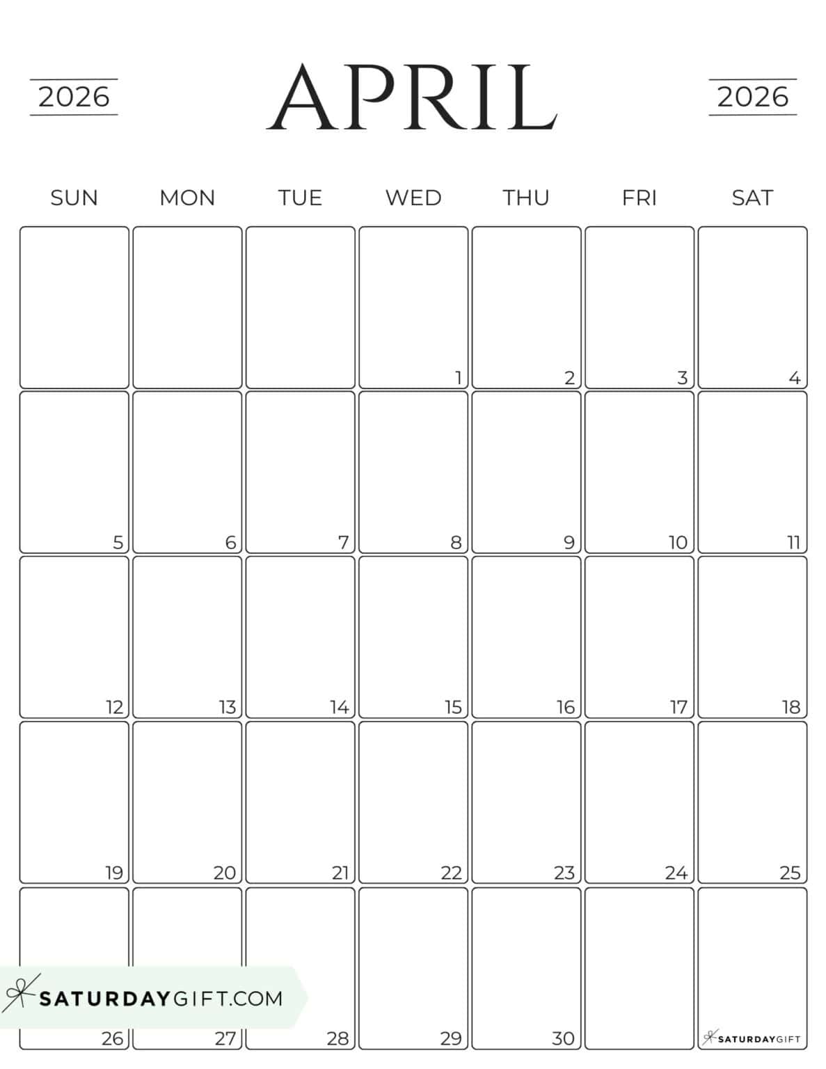 April 2026 Calendars - 23 Cute Free Printable PDFs by SaturdayGift