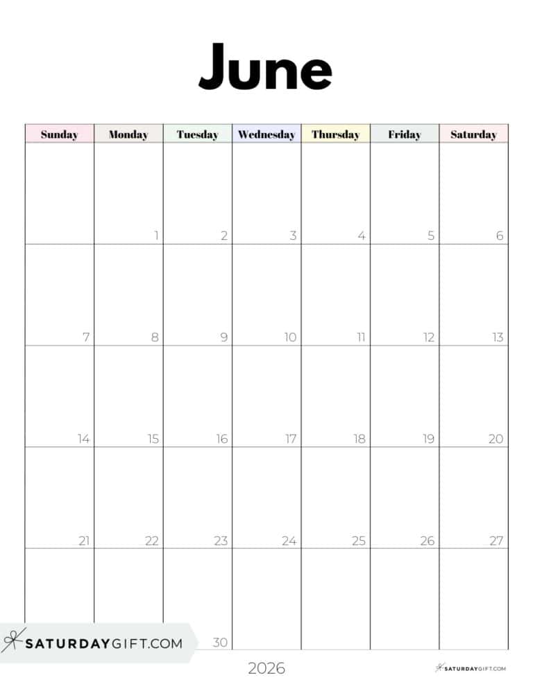 Pastel Monthly Calendar 2026 - Cute Free Printables