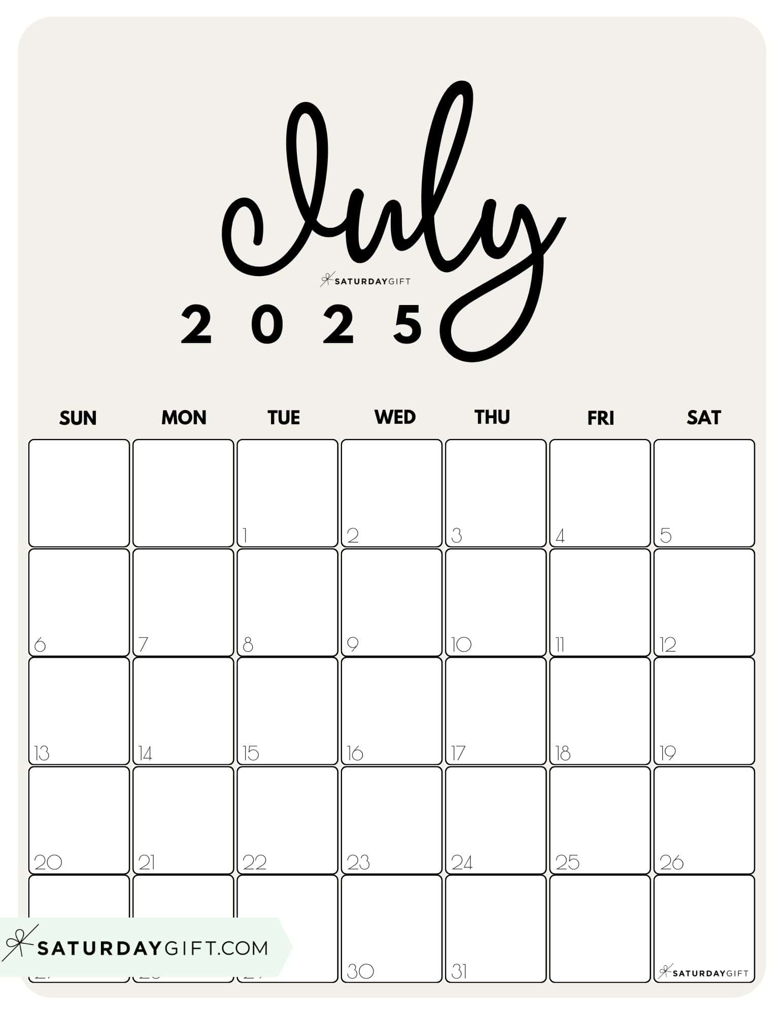 July 2025 Calendar - 20 Cute & FREE Printables | SaturdayGift