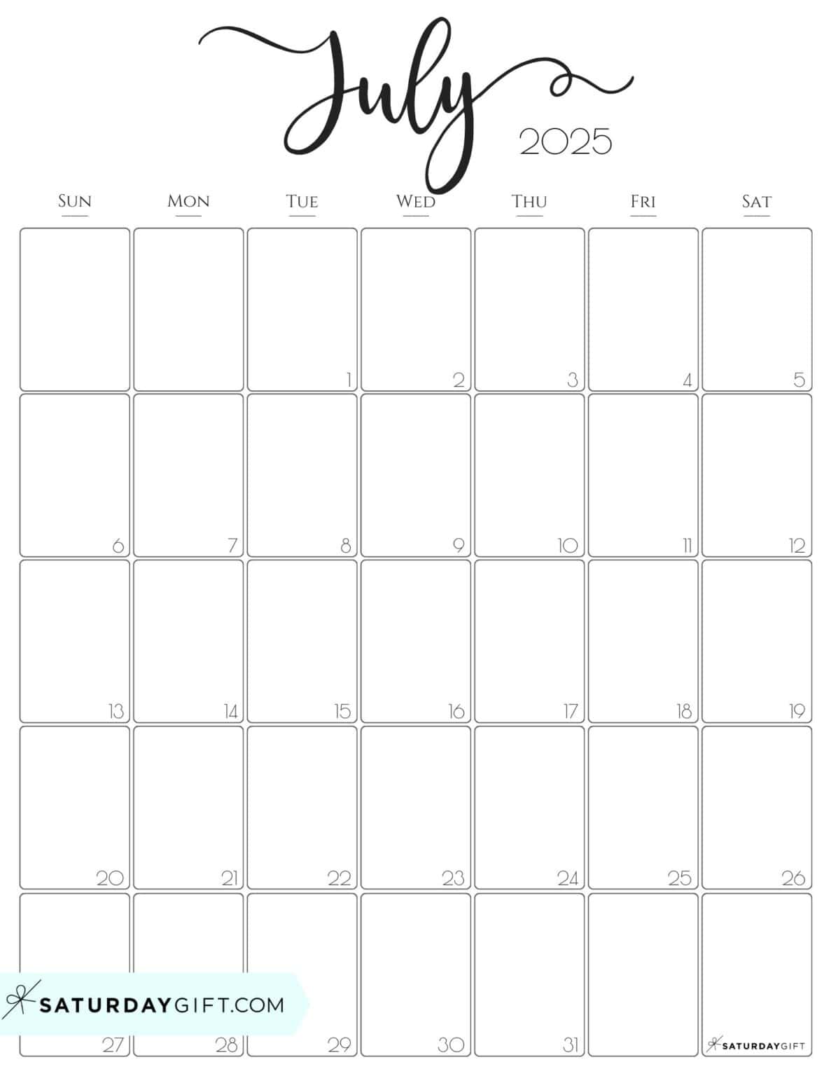 July 2025 Calendars - 23 Cute Free Printable PDFs | SaturdayGift