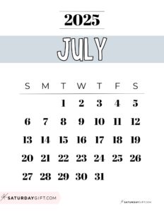 July 2025 Calendars - 23 Cute Free Printable PDFs | SaturdayGift