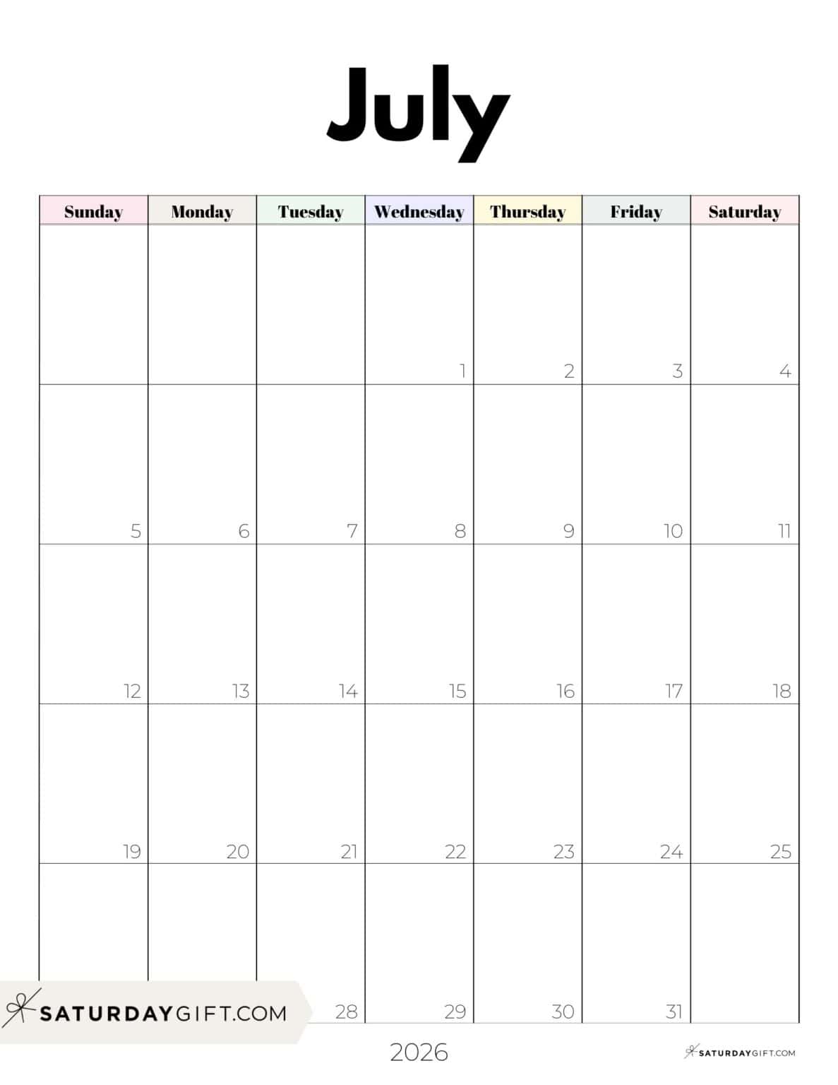 Pastel Monthly Calendar 2026 - Cute Free Printables