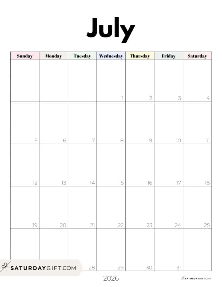 Pastel Monthly Calendar 2026 - Cute Free Printables