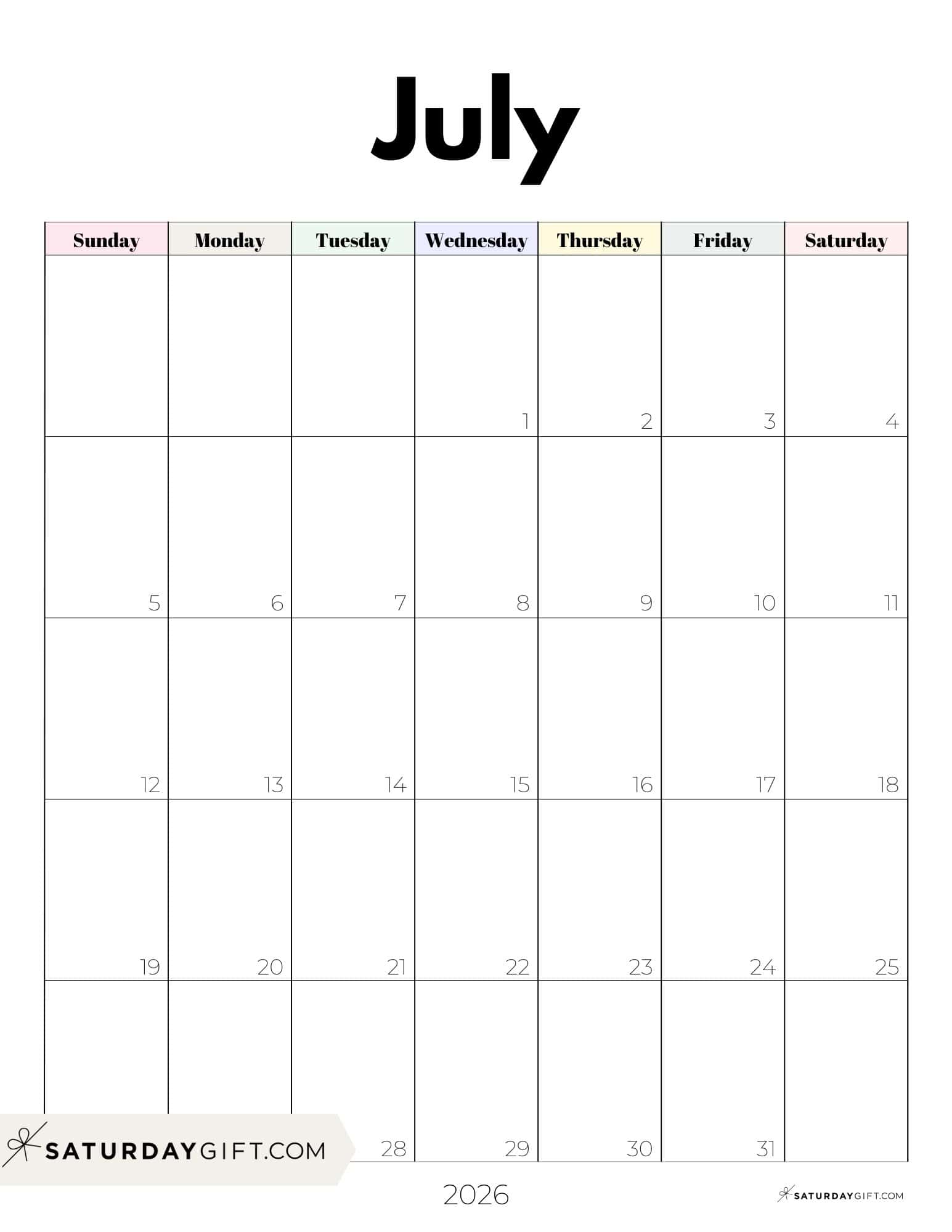 Pastel Monthly Calendar 2026 - Cute Free Printables