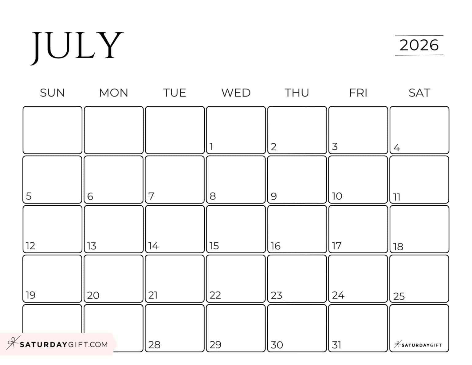 Minimalist Calendar 2026 - Free Printable Landscape Calendars