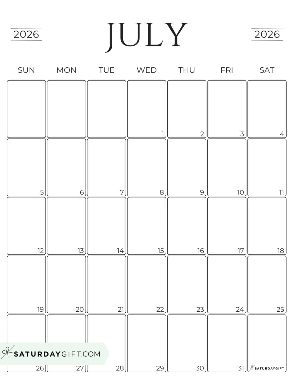 Simple Calendar 2026 - Free Printable Vertical Calendars