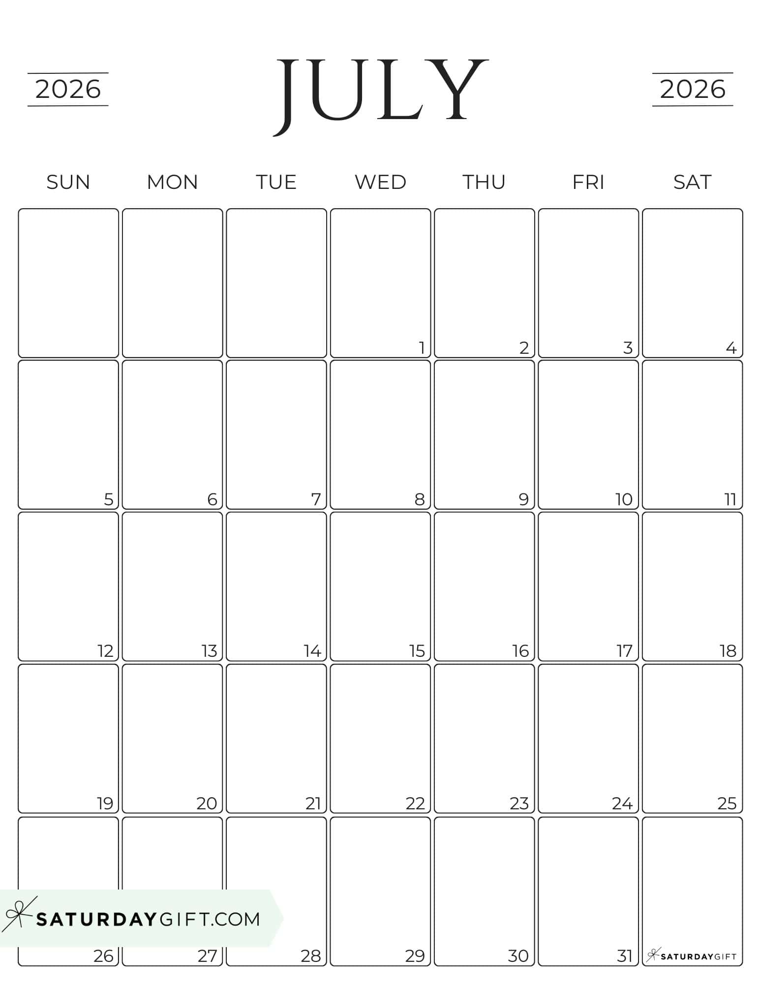 Simple Calendar 2026 - Free Printable Vertical Calendars