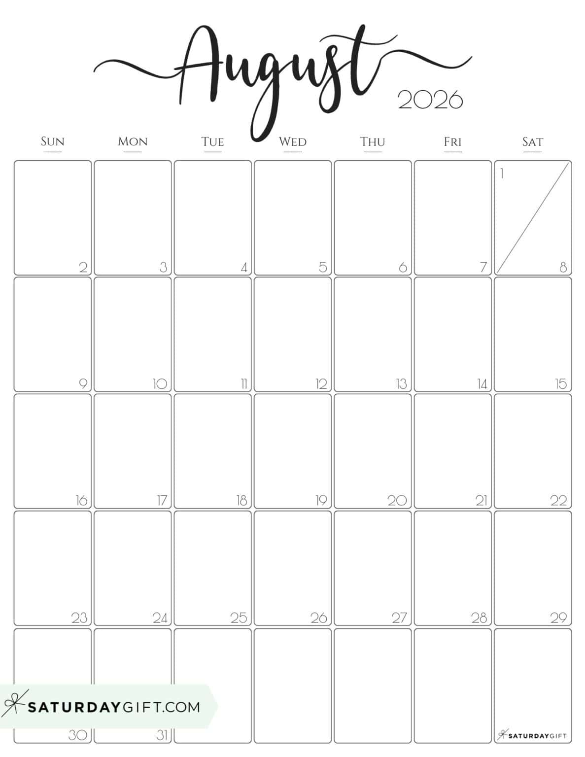 August 2026 Calendars - 23 Cute Free Printable PDFs by SaturdayGift