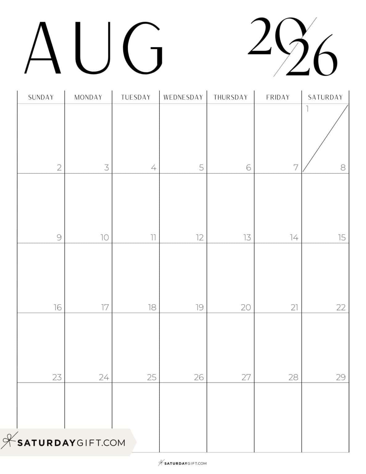 August 2026 Calendars - 23 Cute Free Printable PDFs by SaturdayGift
