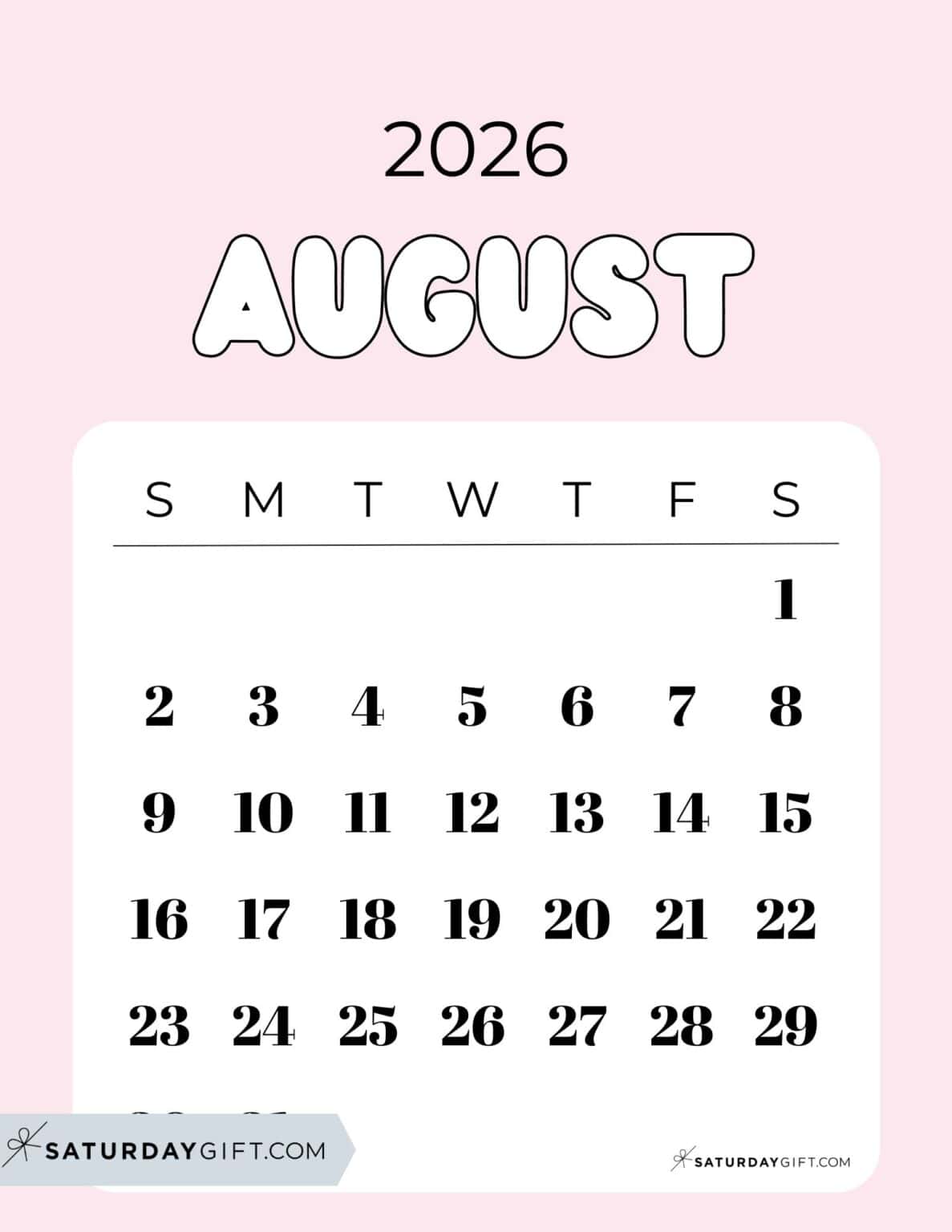 August 2026 Calendars - 23 Cute Free Printable PDFs by SaturdayGift
