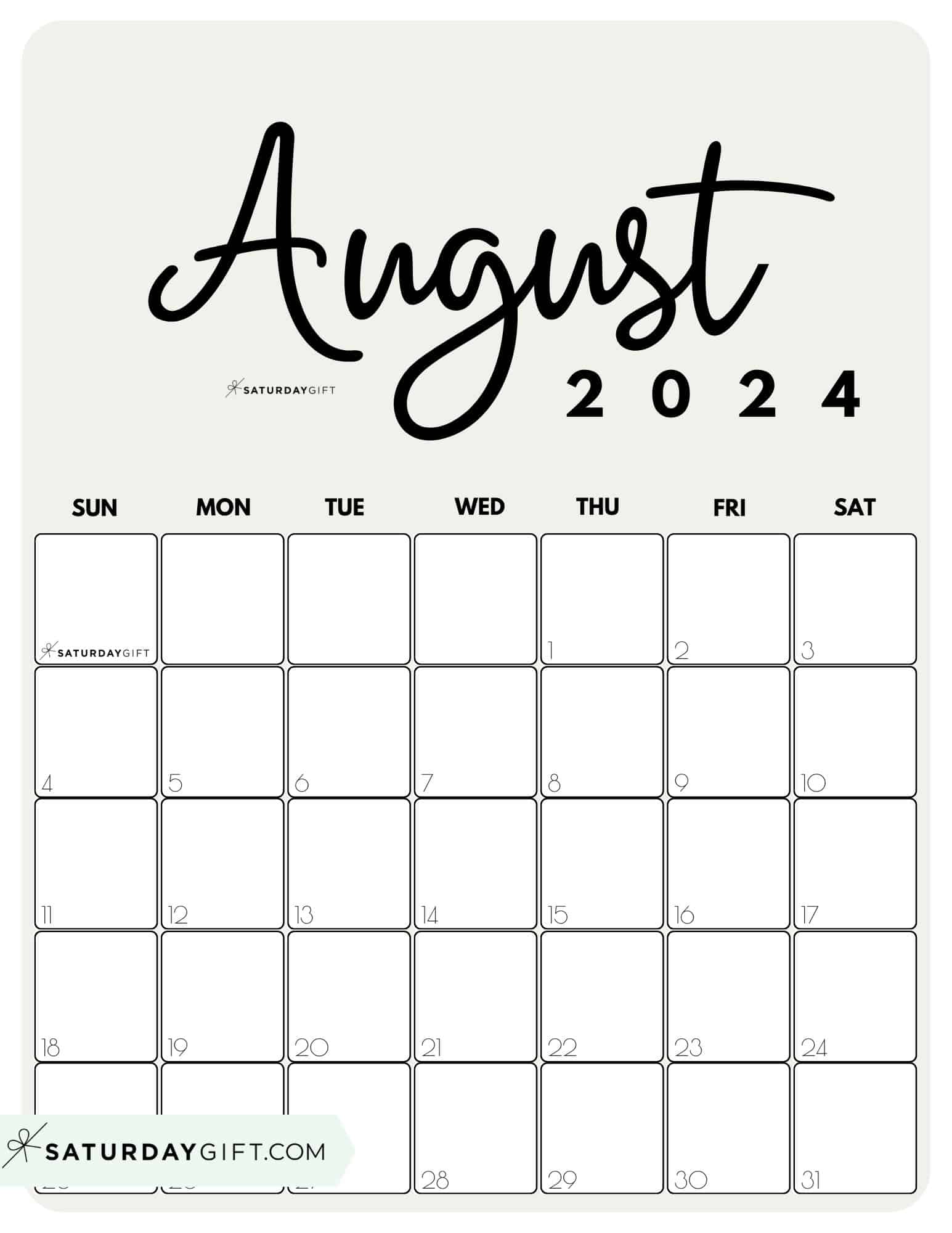 August 2024 Calendar - 20 Cute & FREE Printables | SaturdayGift