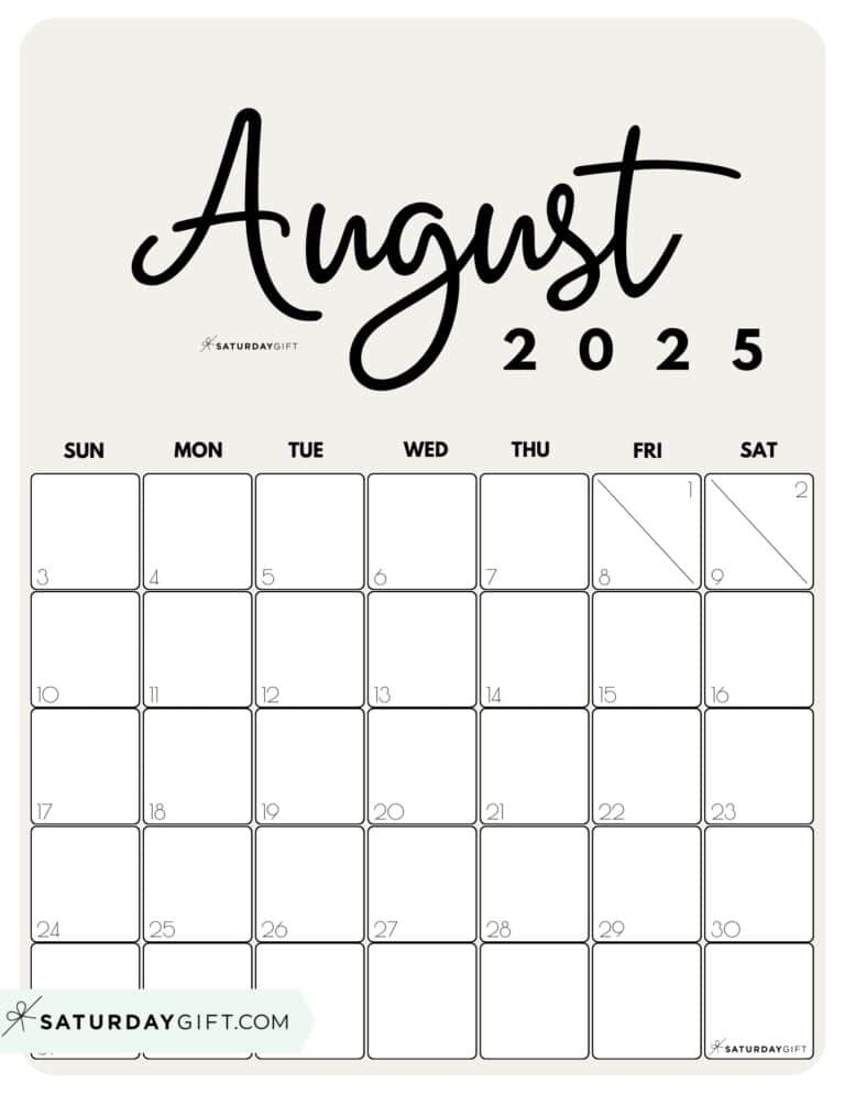 August 2025 Calendars - 23 Cute Free Printable PDFs | SaturdayGift