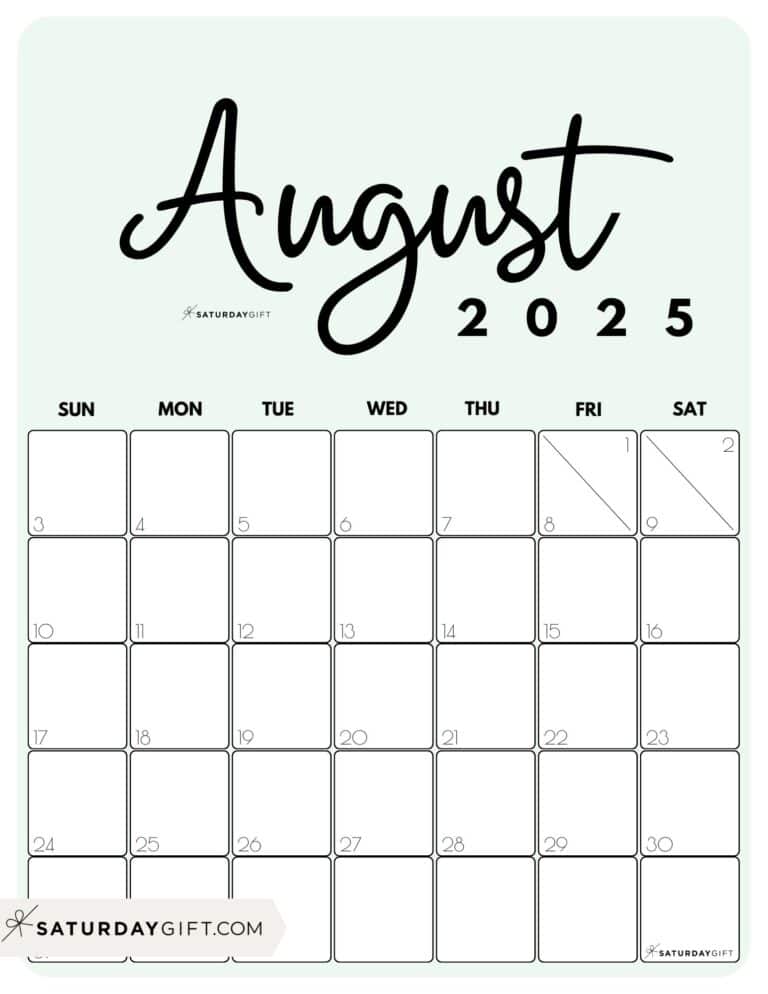 August 2025 Calendars - 23 Cute Free Printable PDFs | SaturdayGift