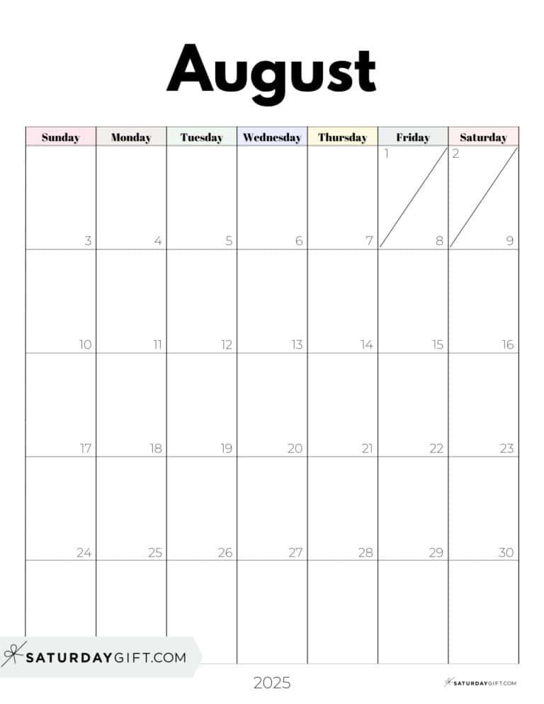 August 2025 Calendars - 23 Cute Free Printable PDFs | SaturdayGift