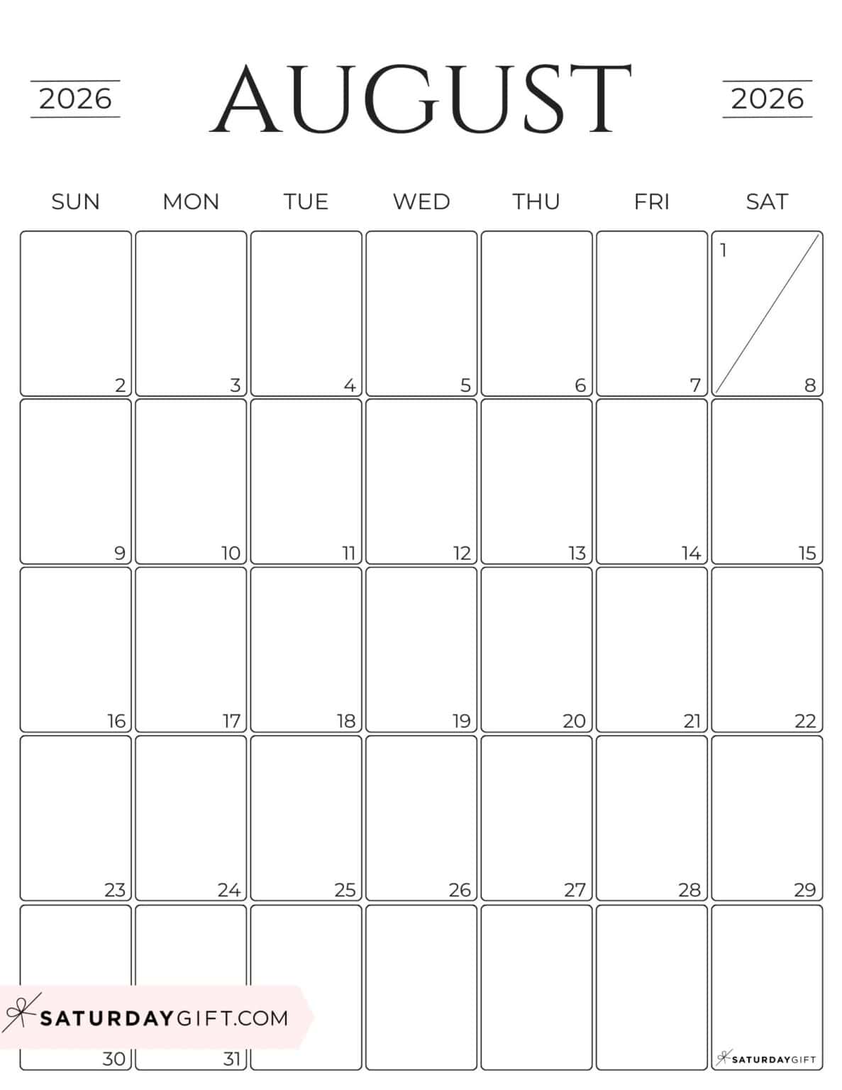 August 2026 Calendars - 23 Cute Free Printable PDFs by SaturdayGift