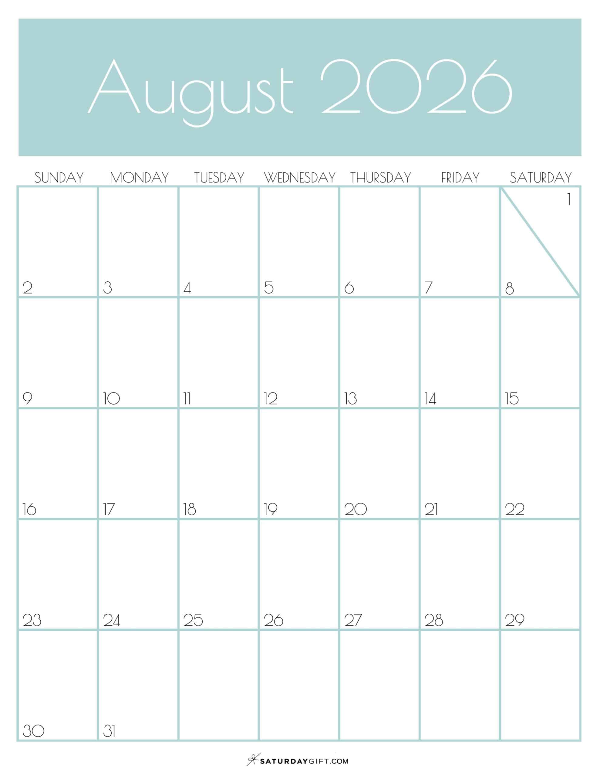 August 2026 Calendars - 23 Cute Free Printable PDFs by SaturdayGift