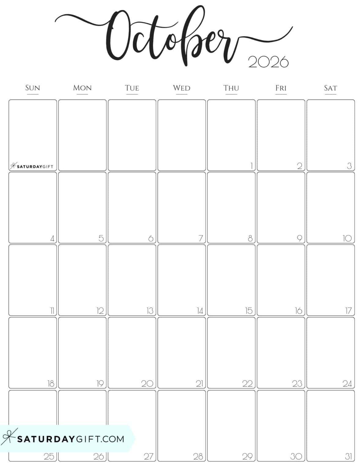 October 2026 Calendars - 23 Cute Free Printable PDFs by SaturdayGift