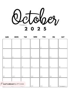October 2025 Calendar - 20 Cute & FREE Printables | SaturdayGift
