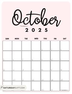 October 2025 Calendars - 23 Cute Free Printable PDFs | SaturdayGift
