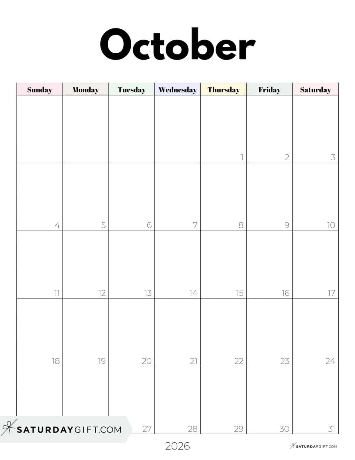 October 2026 Calendars - 23 Cute Free Printable PDFs by SaturdayGift