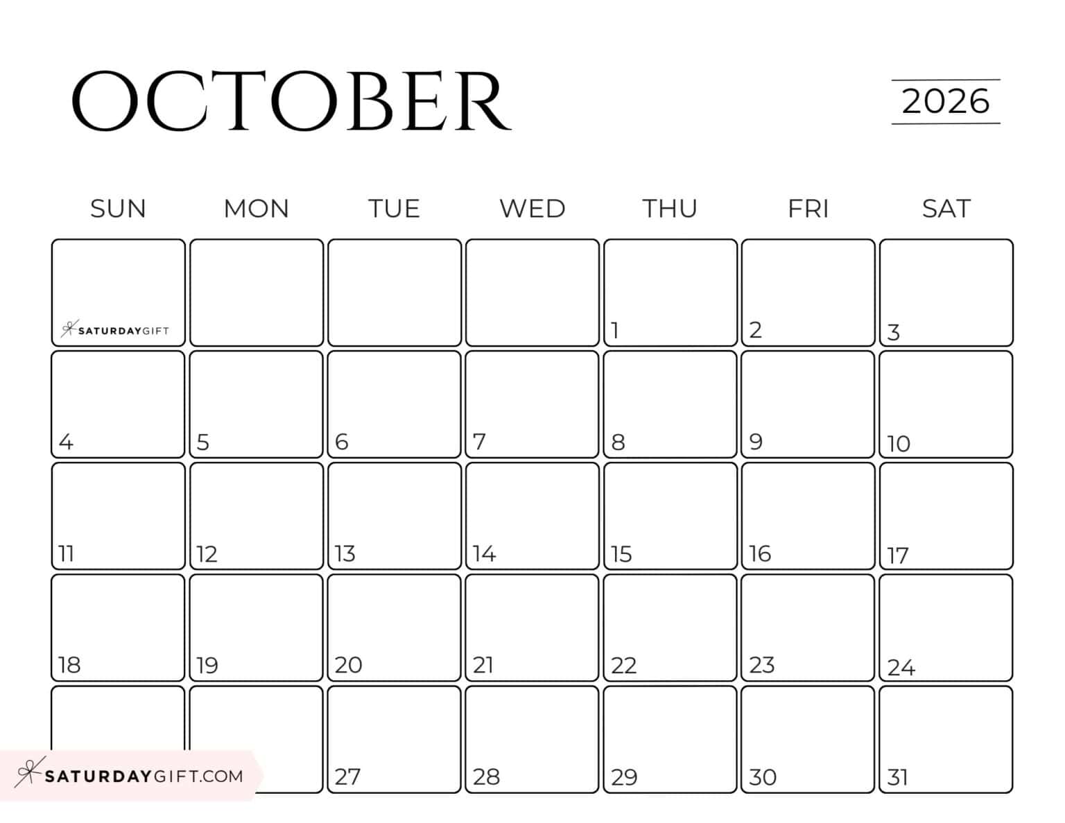 October 2026 Calendars - 23 Cute Free Printable PDFs by SaturdayGift