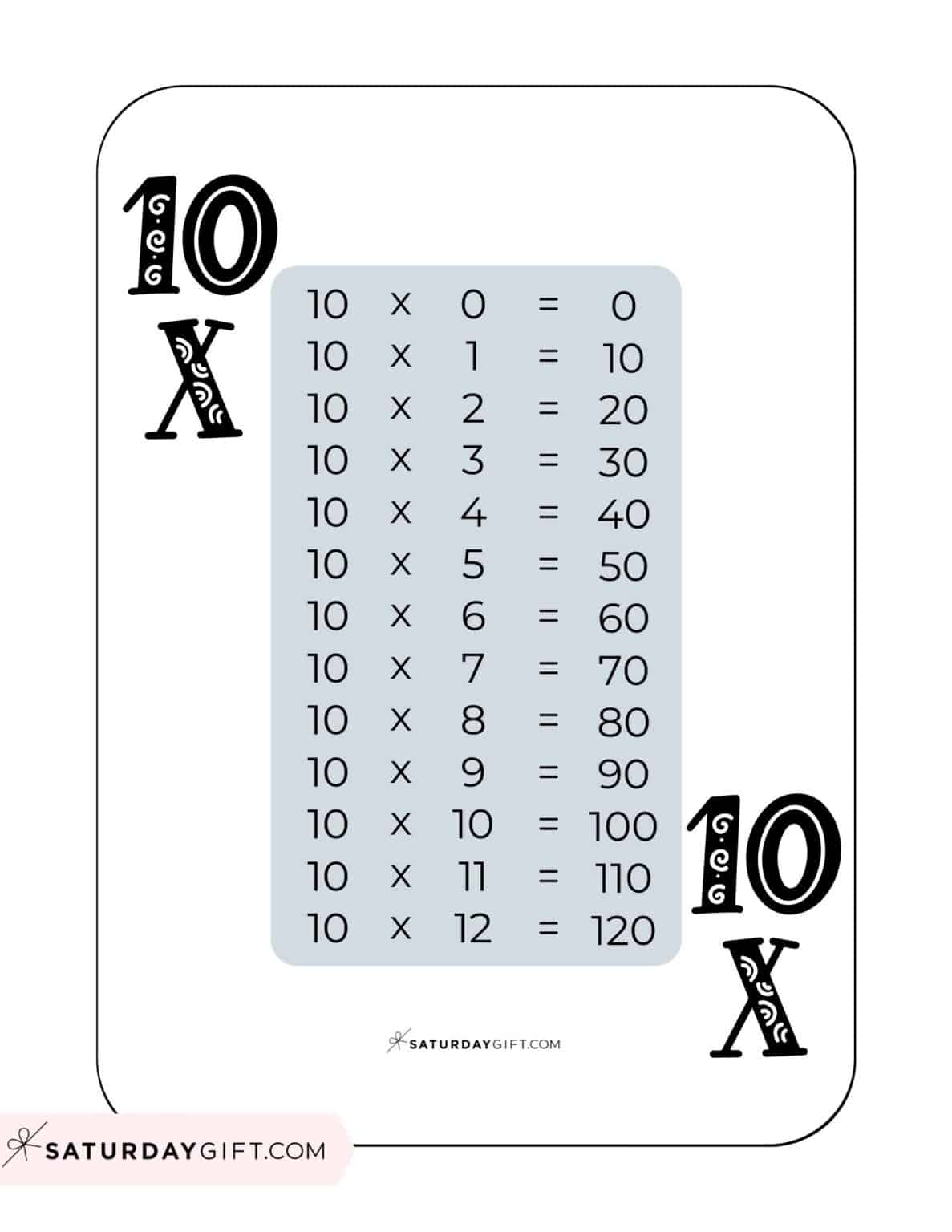 10 Times Table Chart - 15 Cute & Free Printables | SaturdayGift