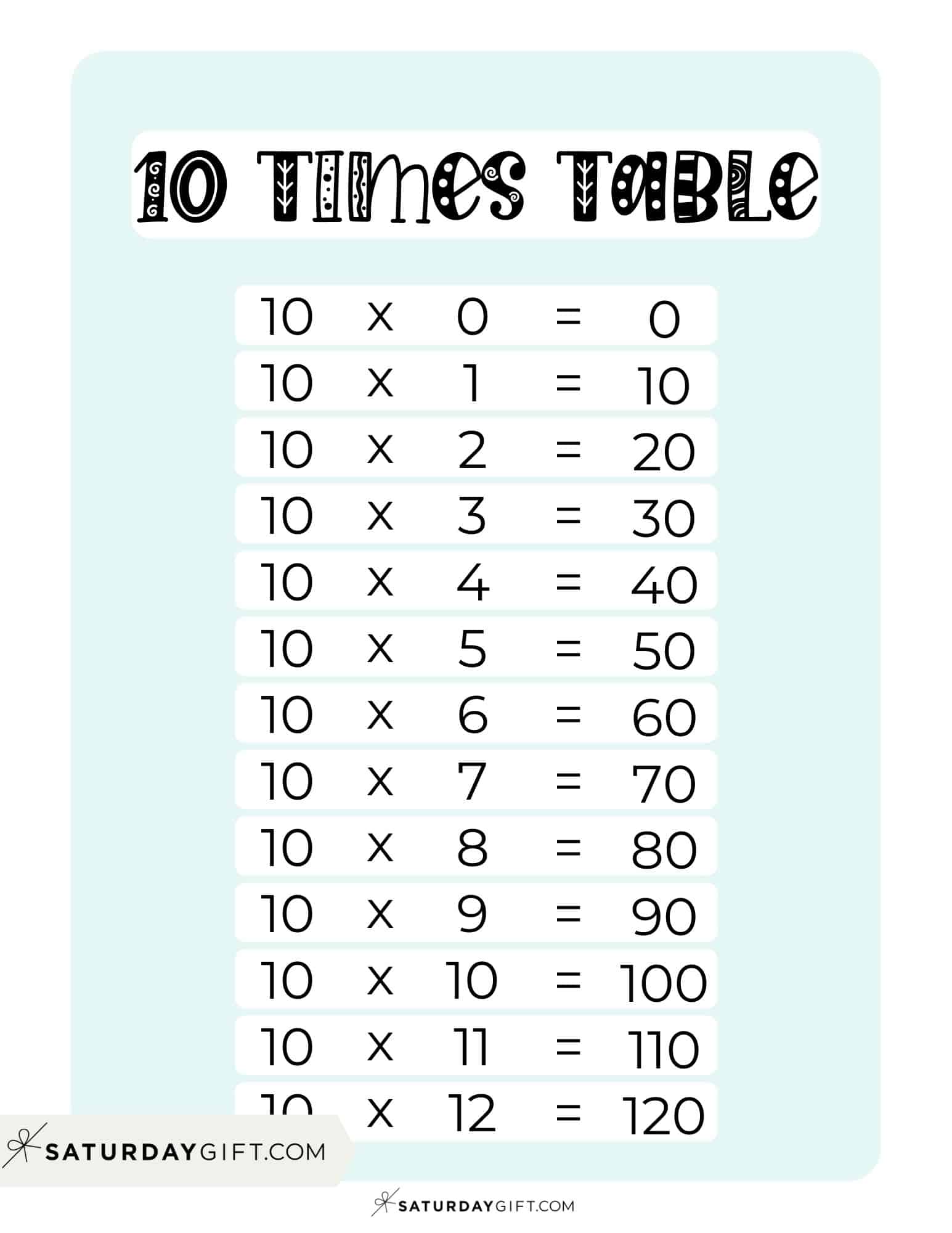 10 Times Table Chart - 15 Cute & Free Printables | SaturdayGift