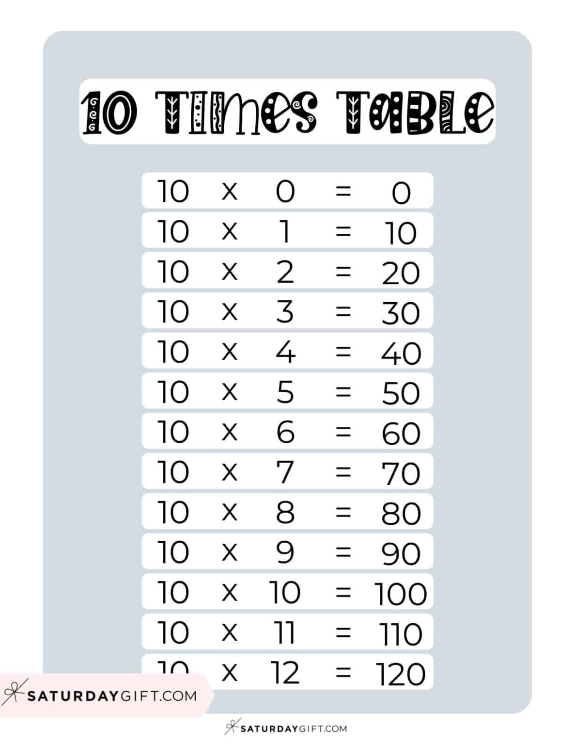 10 Times Table Chart - 15 Cute & Free Printables | SaturdayGift