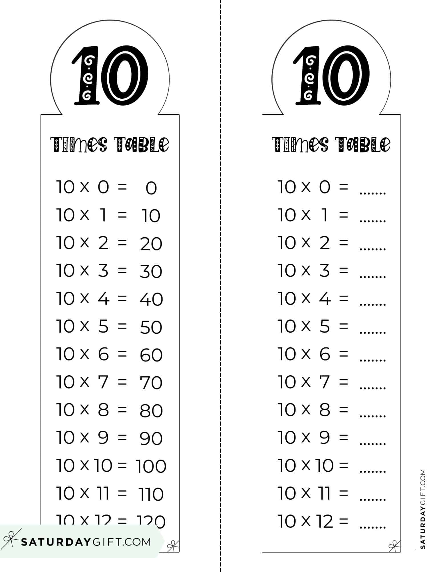 10 Times Table Chart - 15 Cute & Free Printables | SaturdayGift
