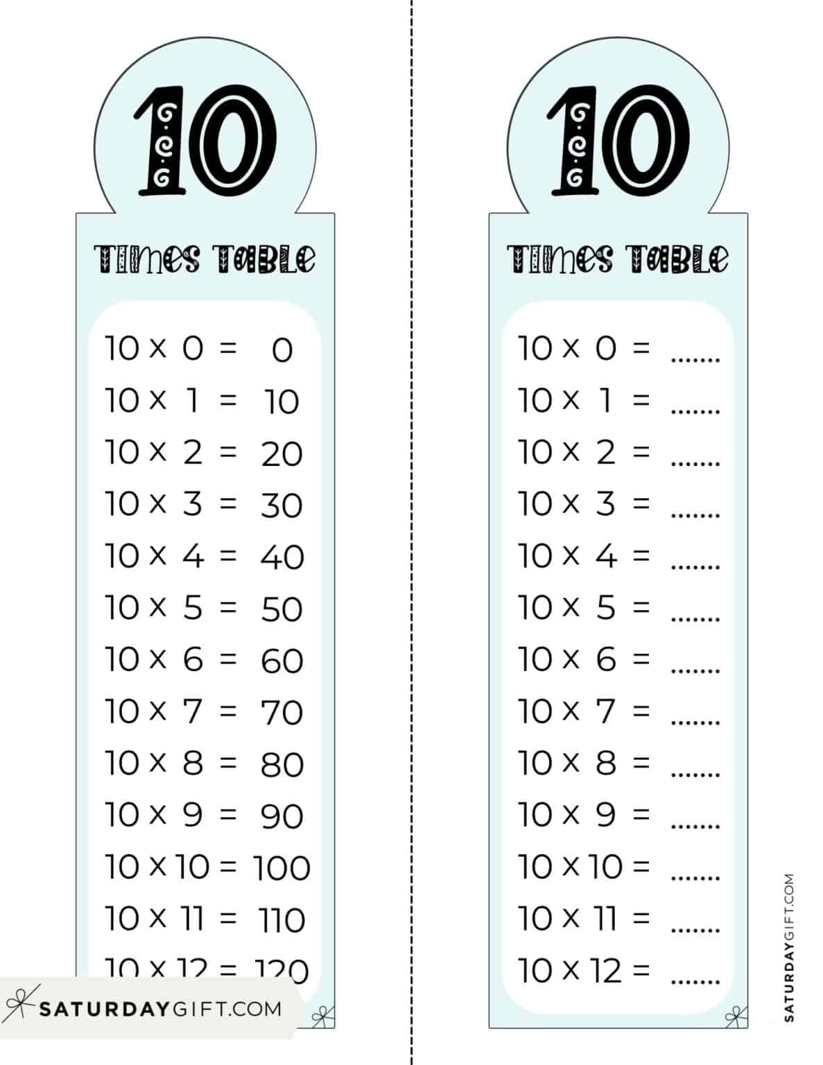 10 Times Table Chart - 15 Cute & Free Printables | SaturdayGift