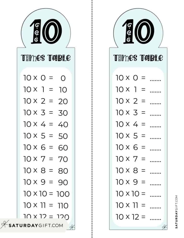 10 Times Table Chart - 15 Cute & Free Printables | SaturdayGift