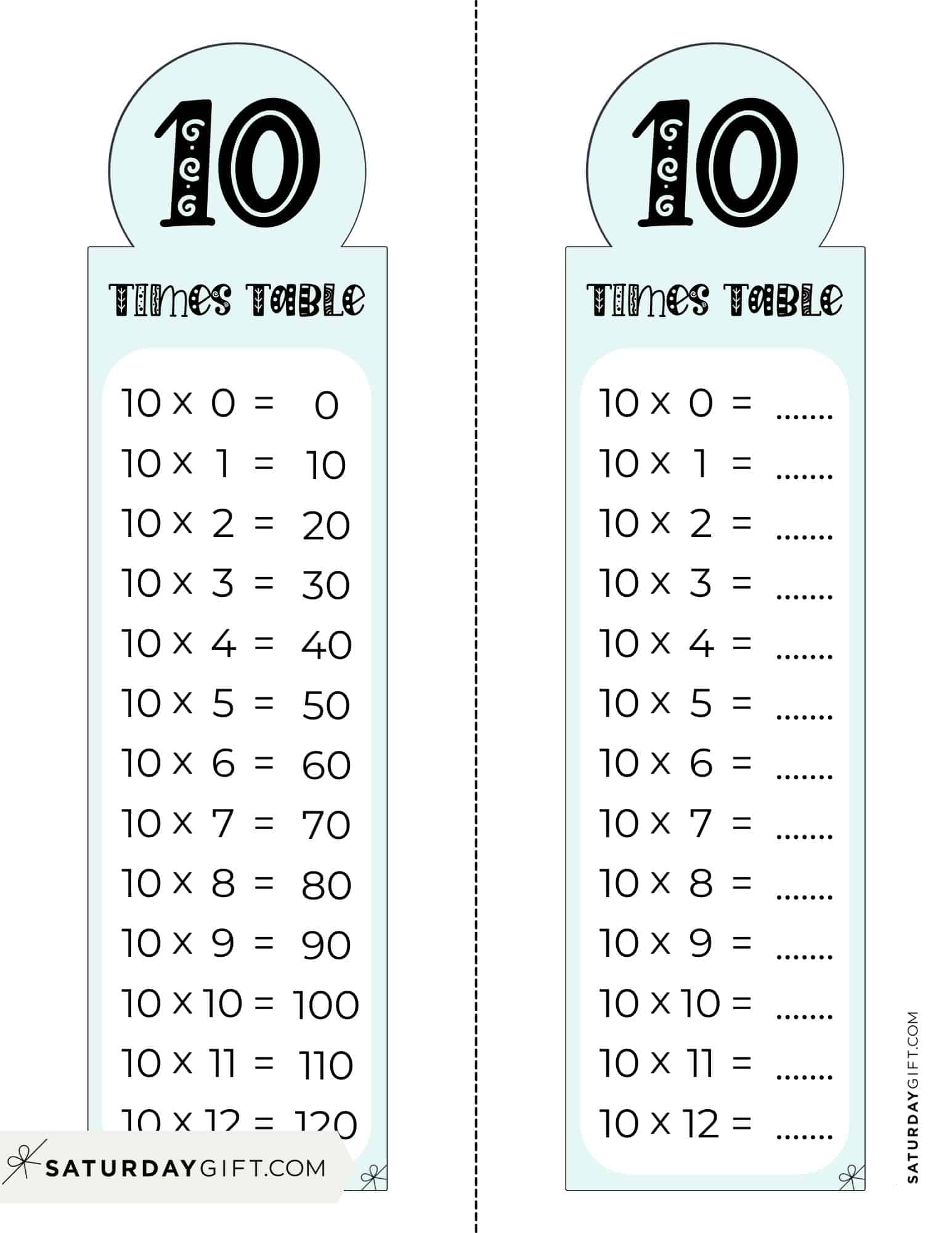 10 Times Table Chart - 15 Cute & Free Printables | SaturdayGift