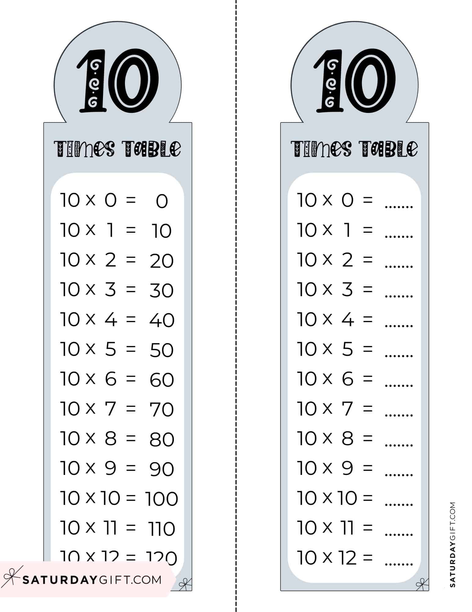 10 Times Table Chart - 15 Cute & Free Printables | SaturdayGift