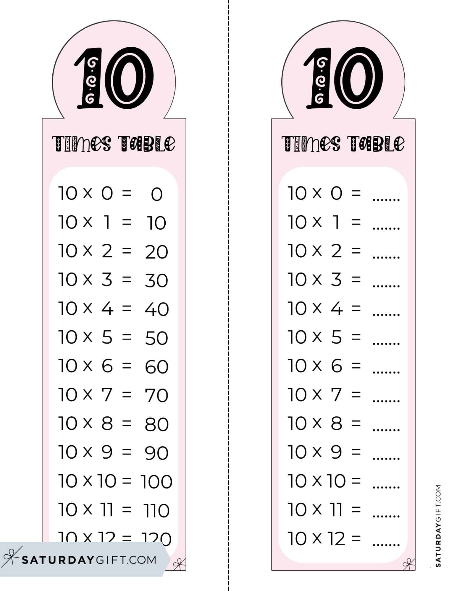 10 Times Table Chart - 15 Cute & Free Printables | SaturdayGift