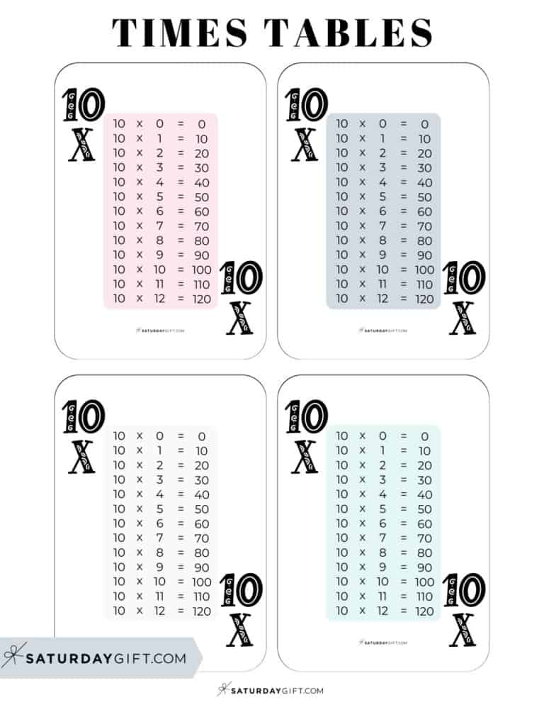 10 Times Table Chart - 15 Cute & Free Printables | SaturdayGift